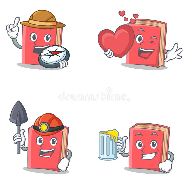 Set of Red Book Character with Explorer Heart Miner Juice Stock Vector ...