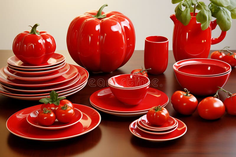 Set of Red Ceramic Dishes in the Shape of a Tomato on a Wooden Table ...