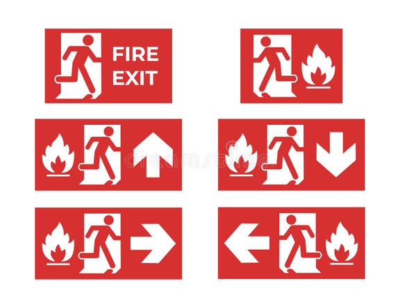 Set of Red Fire Exit Icons. Concept of Emergency and Evacuation Stock ...