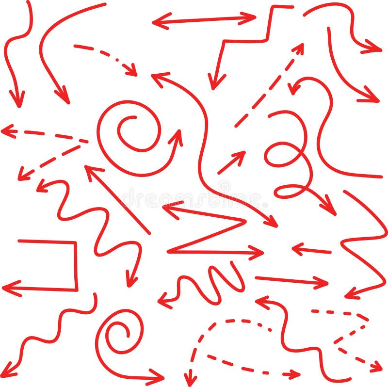 Set of Red Hand-Drawn Arrows with Curves and Spirals on White ...
