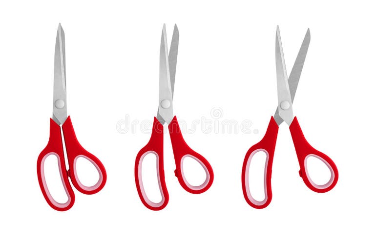 Set of Red Handled Scissors in Various Positions Stock Photo - Image of ...