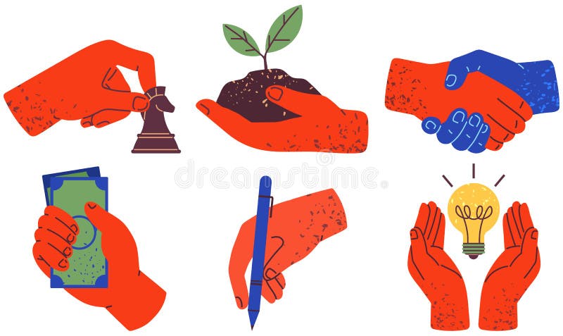 Set of Red Hands Holding Stuff. Human Palms with Different Items ...
