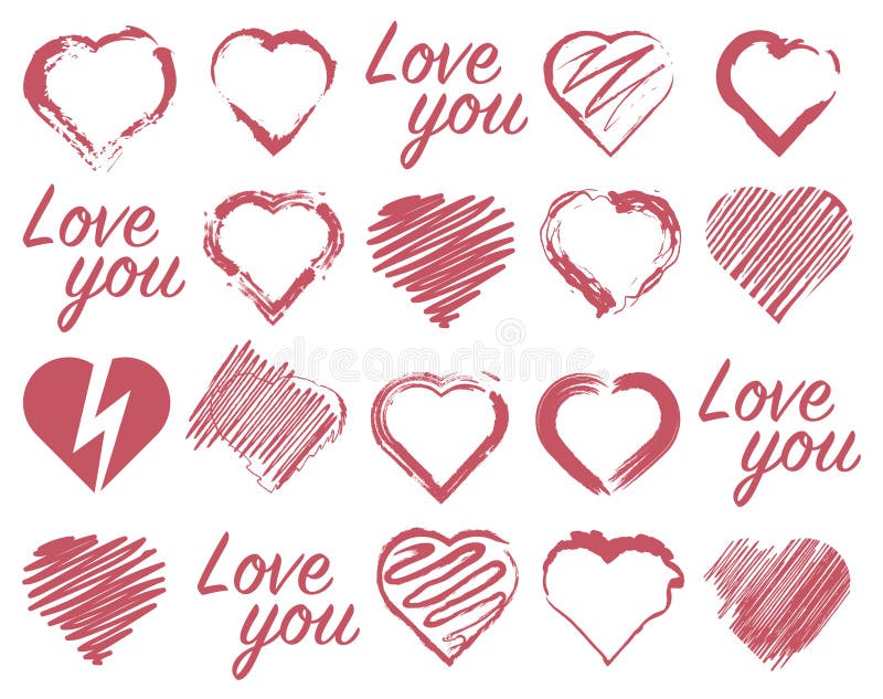 Set of Red Hearts. Drawn Heart Shape for Design Stock Vector ...