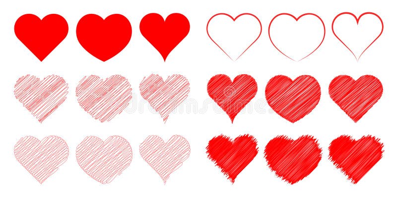 Set of Red Hearts - Flat, Outline and Scribble Stock Vector - Illustration of outline, wedding ...