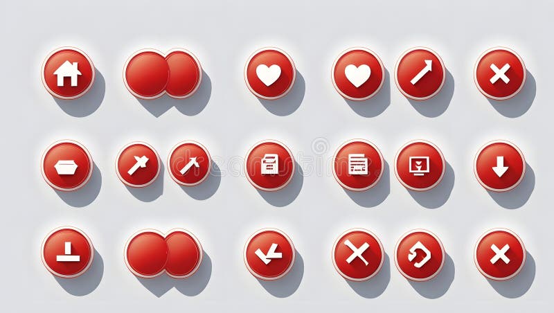 Set of Red Icon Illustrations for Various Functions on Circular Buttons ...