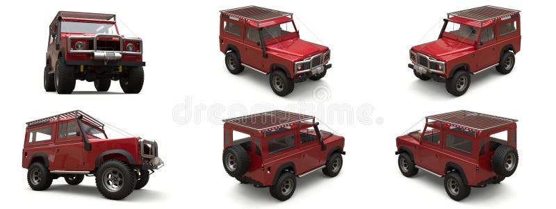 Set Red Old Small SUV Tuned for Difficult Routes and Expeditions. 3d ...