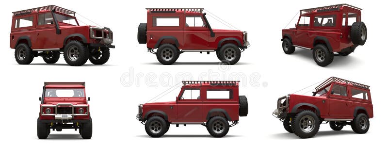 Set Red Old Small SUV Tuned for Difficult Routes and Expeditions. 3d ...