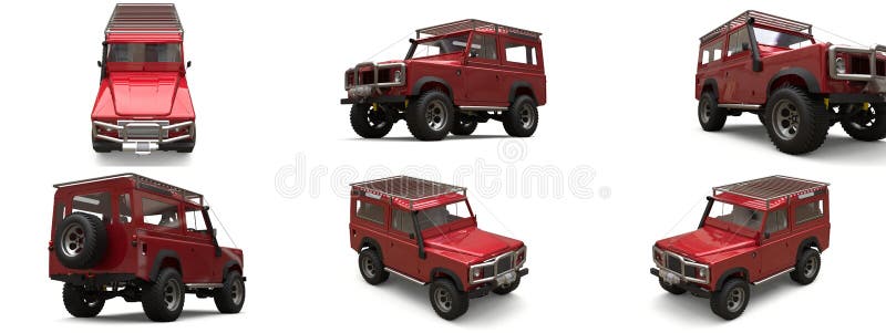Set Red Old Small SUV Tuned for Difficult Routes and Expeditions. 3d ...
