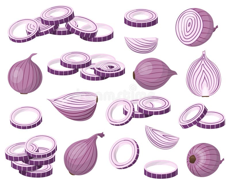 A Set of Red Onions. the Onion is Cut in Half, Rings and Slices ...