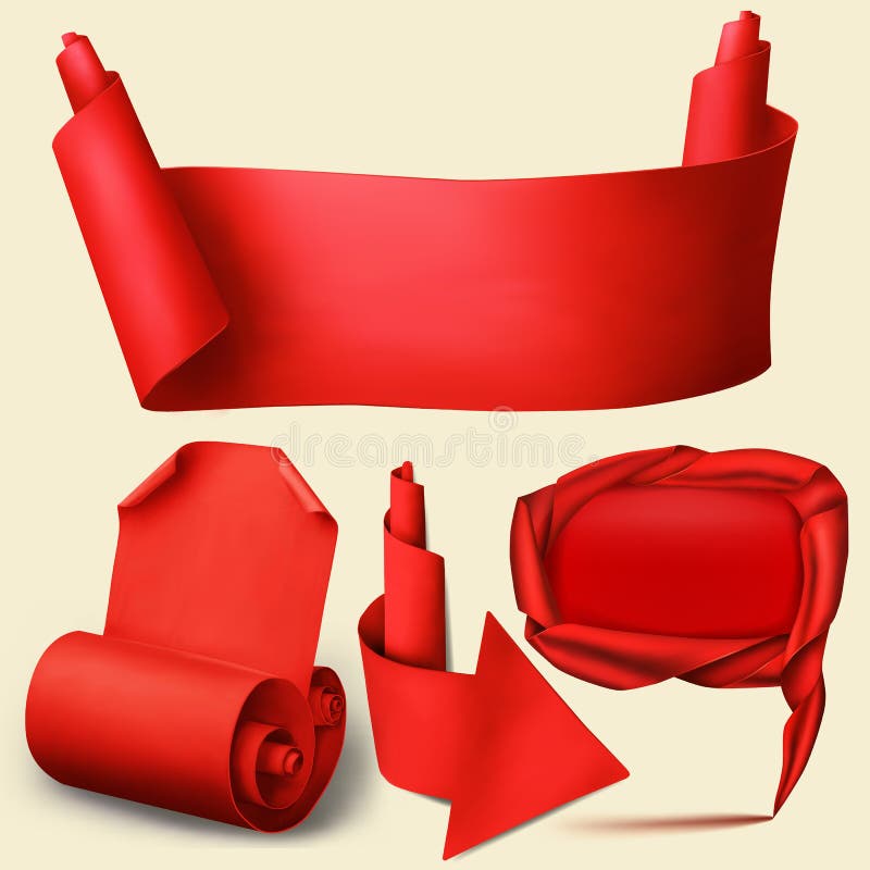 Set of Red Paper Realistic Elements. Banner, Arrow, Pointer and Curved ...