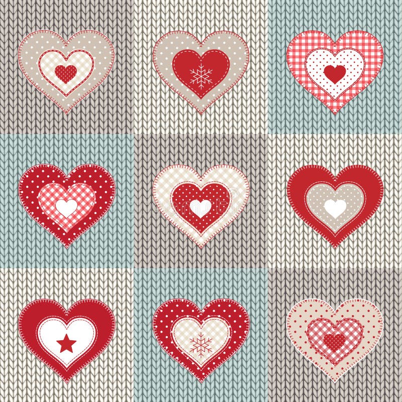 Set of Red Patchwork Decorative Hearts on Knitted Background ...