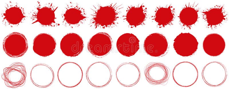 Set of Red Round Brush Painted Ink Stamp Circle Banner on Transparent ...