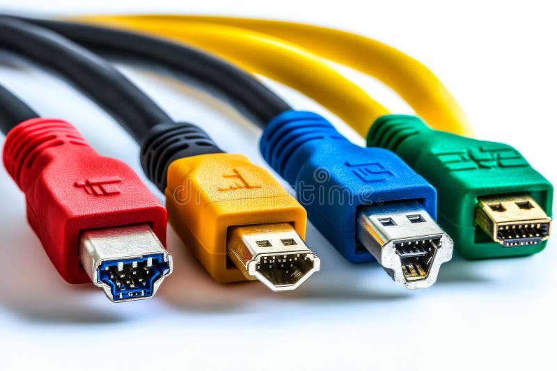 Set of Red Yellow Green and Blue HDMI and USB Cables with Colored Tips ...