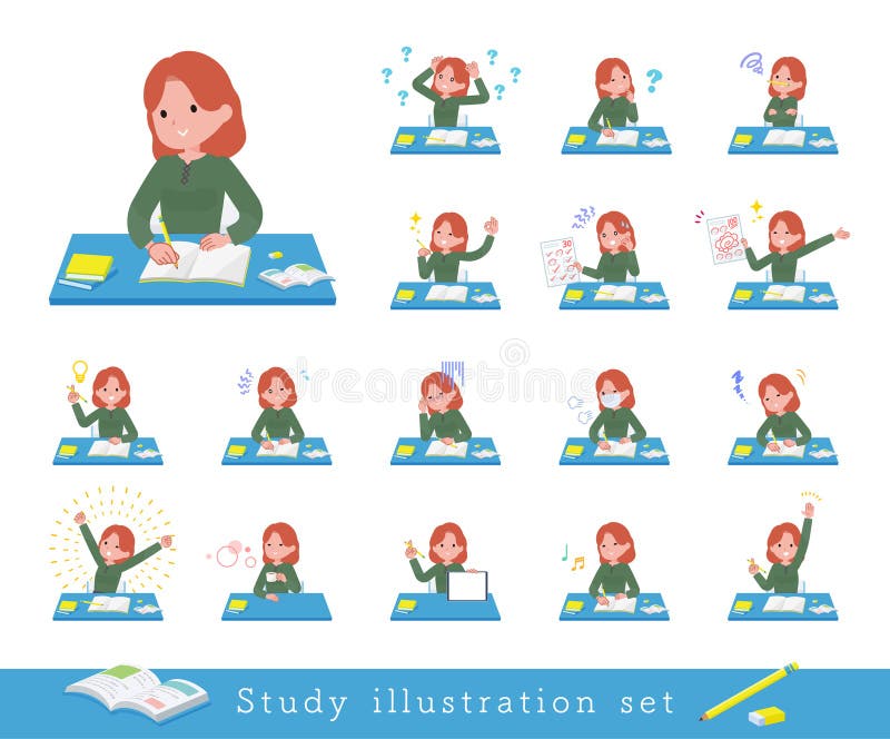 A Set of Redhead Woman on Study Stock Vector - Illustration of cold ...
