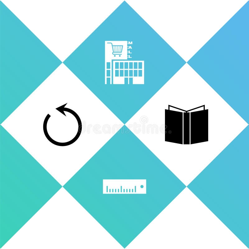 Set Refresh, Ruler, Mall or Supermarket Building and Open Book Icon ...