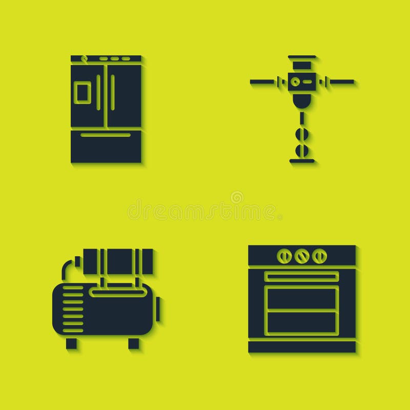 Set Refrigerator, Oven, Air Compressor and Construction Jackhammer Icon ...