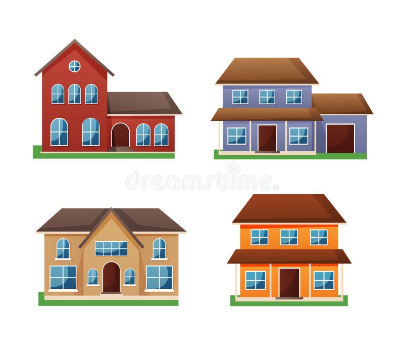 Set of Residential Houses Exterior Flat Style Vector Illustration Stock ...