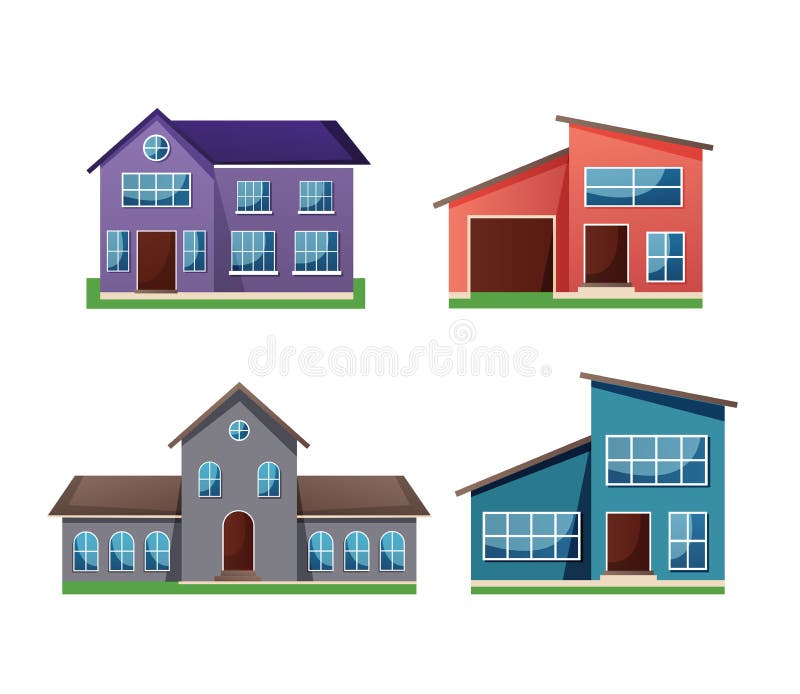 Set of Residential Houses Exterior Flat Style Vector Illustration Stock ...