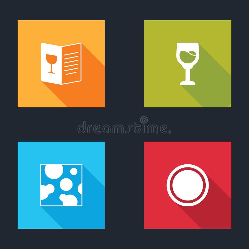 Set Restaurant Cafe Menu, Wine Glass, Cheese and Plate Icon. Vector ...