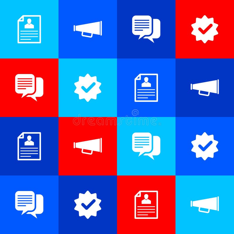 Set Resume, Megaphone, Chat and Approved and Check Mark Icon. Vector ... Set Resume, Megaphone, Chat and Approved and Check Mark Icon. Vector ...