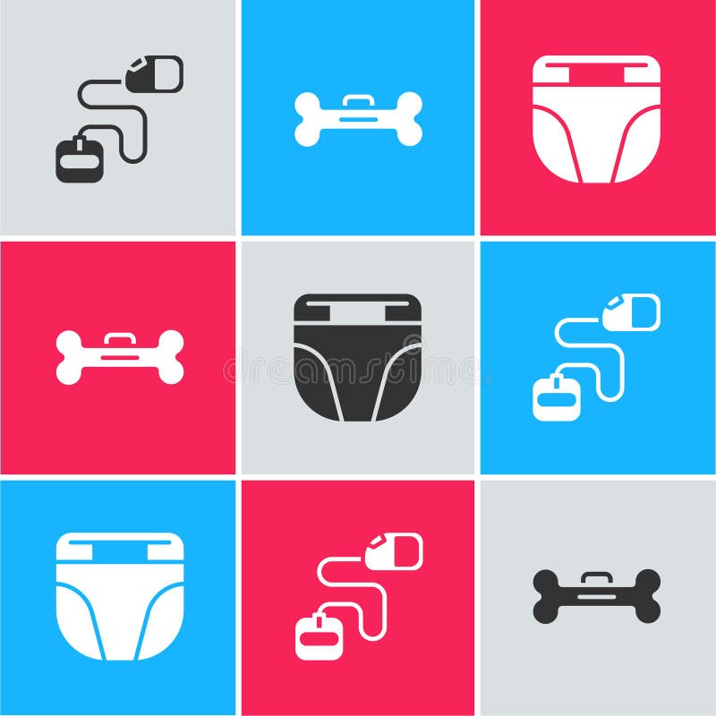 Set Retractable Cord Leash, Dog Bone and Diaper for Dog Icon. Vector ...