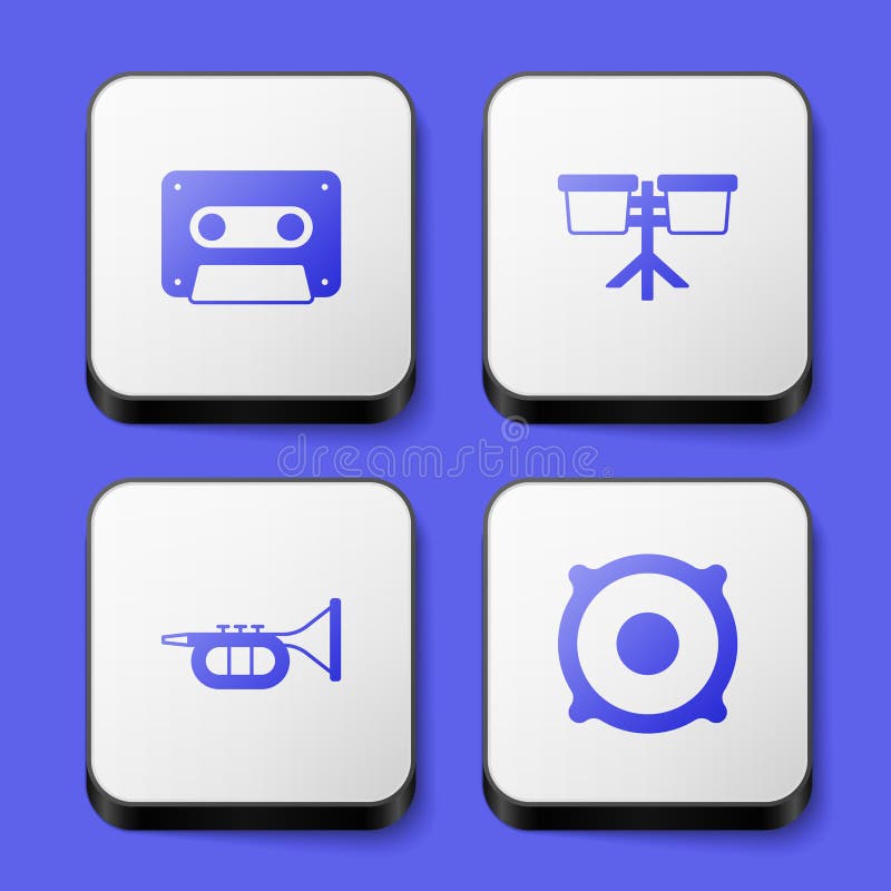 Set Retro Audio Cassette Tape, Bongo Drum, Trumpet and Stereo Speaker ...