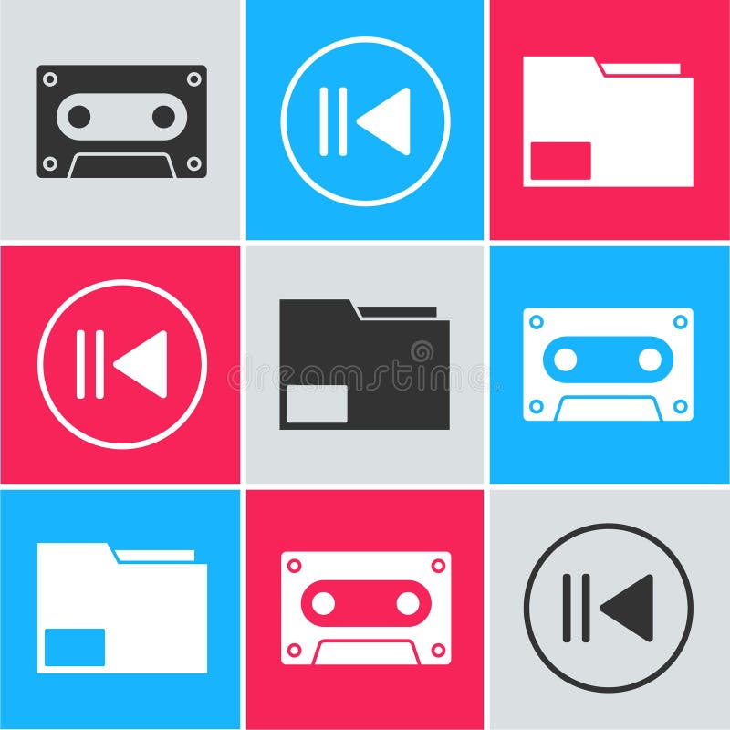 Set Retro Audio Cassette Tape, Rewind and Document Folder Icon. Vector ...