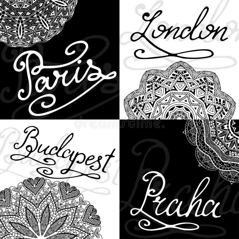 Set of Retro Cards, Calligraphy City Names. Hand-lettering Emblems ...