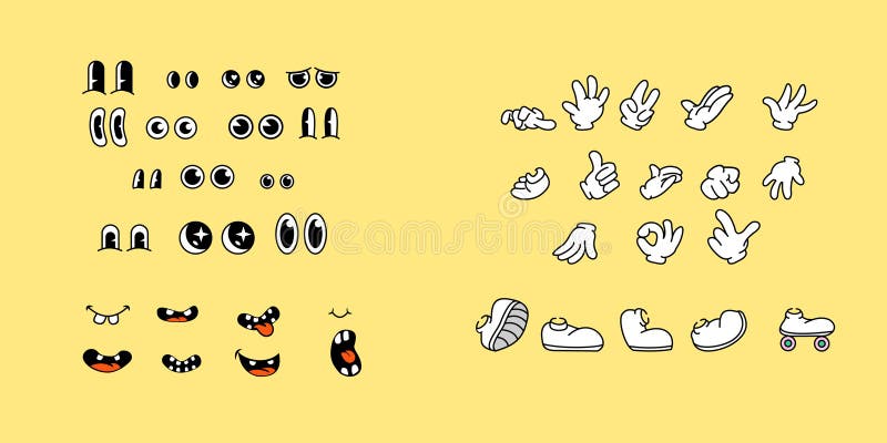 Set of Retro Cartoon Hands, Eyes and Mouth Stock Vector - Illustration ...
