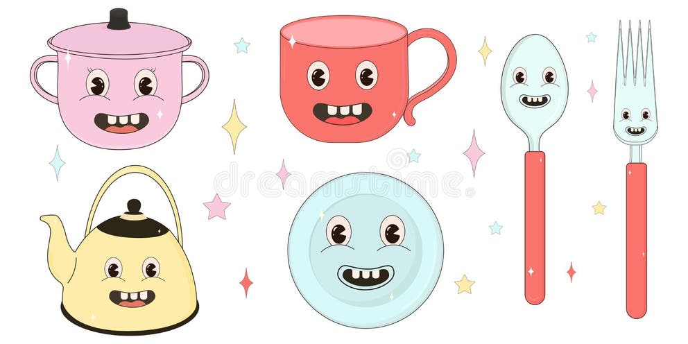 Set Retro Cartoon Kitchenware Characters.Kitchenware Set.90s Retro ...