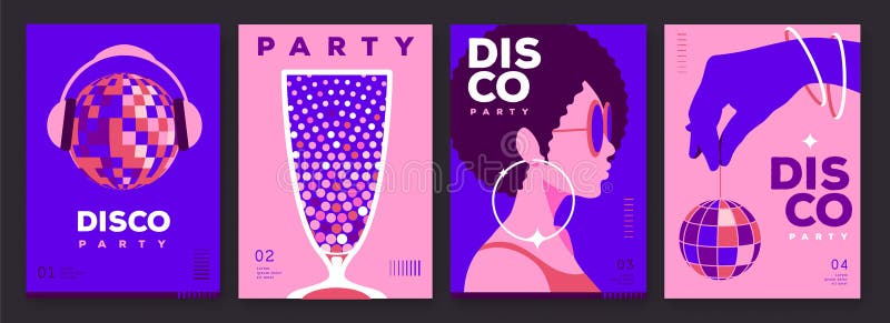Set of Retro Disco Party Posters, Covers or Banners with Disco Ball ...