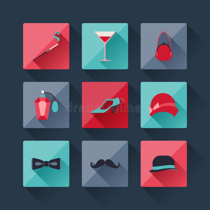 Set of Retro Fashion Icons in Flat Design Style Stock Vector ...