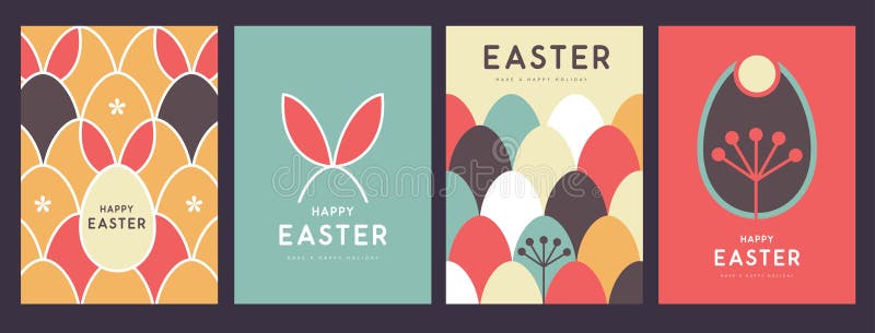 Set of Retro Holiday Flat Easter Posters with Rabbit Ears, Easter Eggs, Flowers and Patterns ...