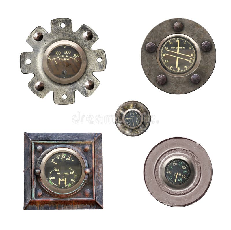 Set of Retro Indicators on Control Panel in Plane Cockpit. Isolated on ...