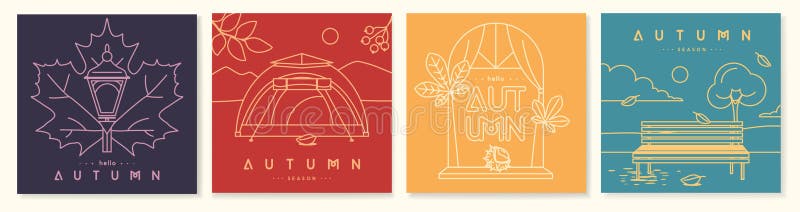 Set of Retro Line Art Autumn Covers or Cards with Autumn Attributes ...