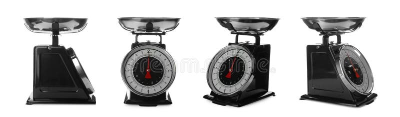 Set with Retro Mechanical Kitchen Scales on White Background. Banner ...