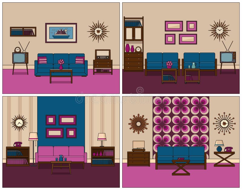 Set Retro Rooms Interior in Flat Design. Linear Vector Illustration ... Set Retro Rooms Interior in Flat Design. Linear Vector Illustration ...