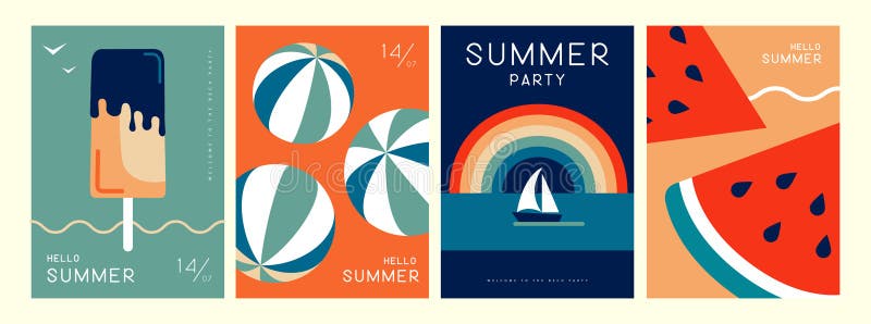 Set of Retro Summer Posters with Summer Attributes. Ice Cream, Beach ...