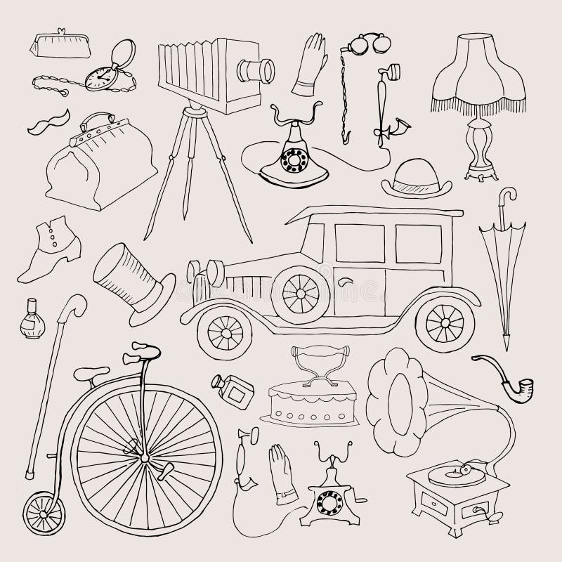 Set of Retro Things and Accessories, Lines, Hand Drawn Sketch. Vector ...
