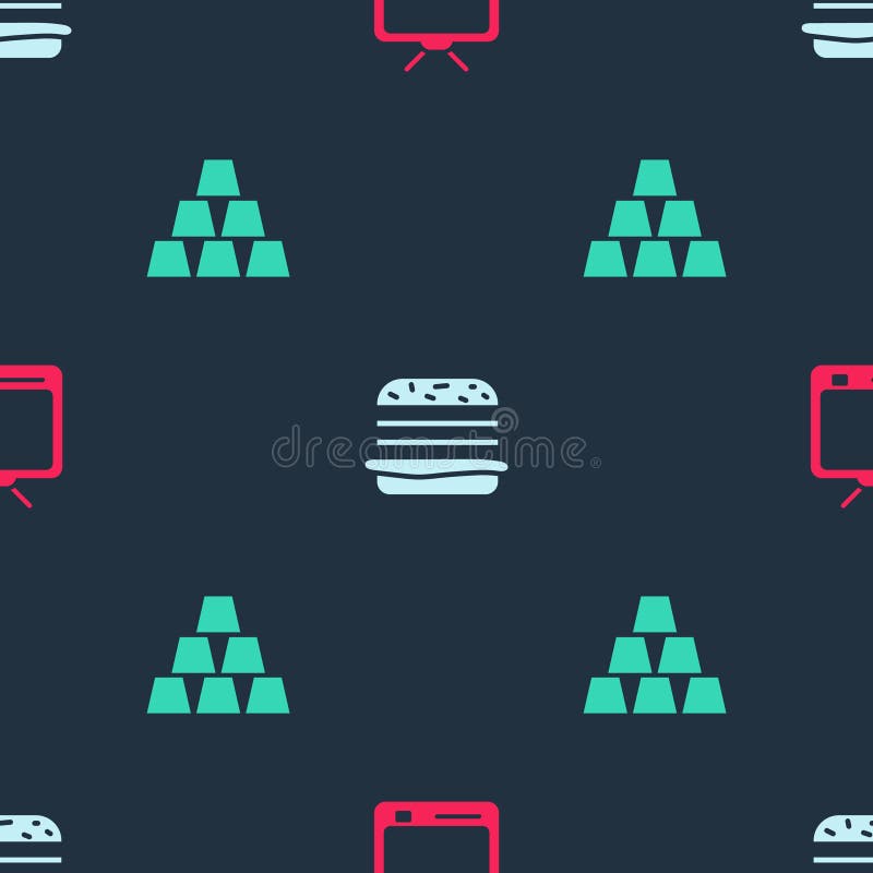 Set Retro Tv, Burger and Gold Bars on Seamless Pattern. Vector Stock ...