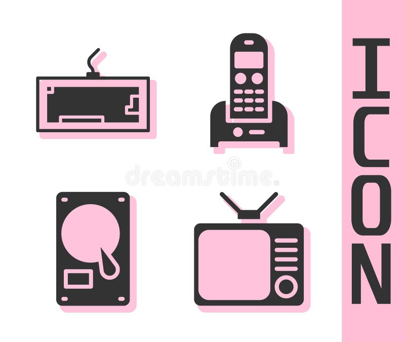 Set Retro Tv, Keyboard, Hard Disk Drive HDD and Telephone Icon. Vector ...