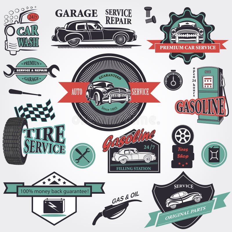 Set of Retro Vintage Car Labels Stock Vector - Illustration of repair ...