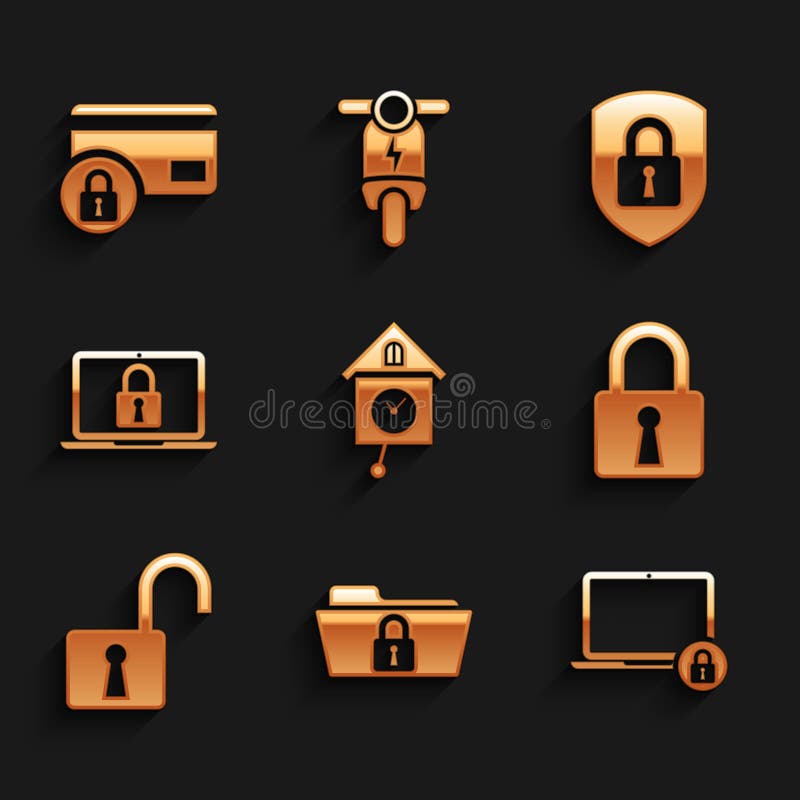 Set Retro Wall Watch, Folder and Lock, Laptop, Lock, Open Padlock and ...