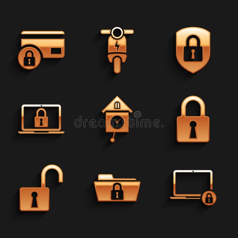 Set Retro Wall Watch, Folder and Lock, Laptop, Lock, Open Padlock and ...