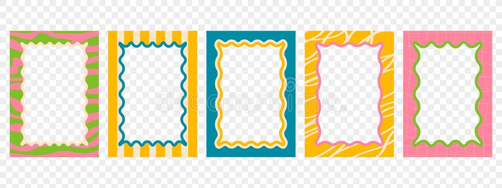 Set of Retro Wavy Frames. Trendy Borders with Groovy Patterns. Modern ...
