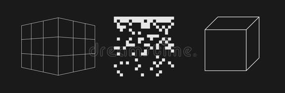 Set of Retrofuturistic Grid Cube, Pixel Pattern, and Geometry Cube ...