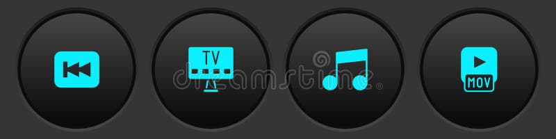 Set Rewind Button, Smart Tv, Music Note, Tone and MOV File Icon. Vector ...