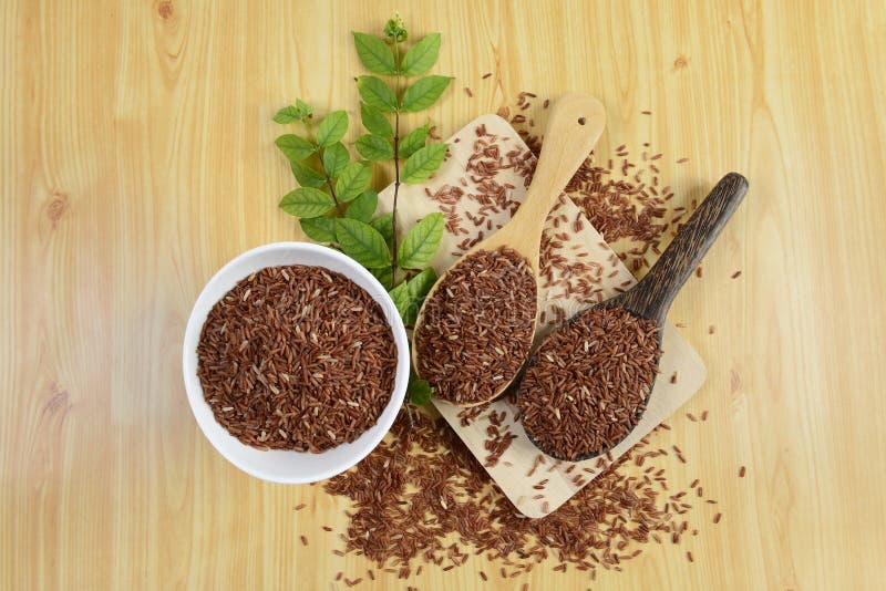 Set of Rice Collection on Ladle on Wood Texture Background Stock Photo ...