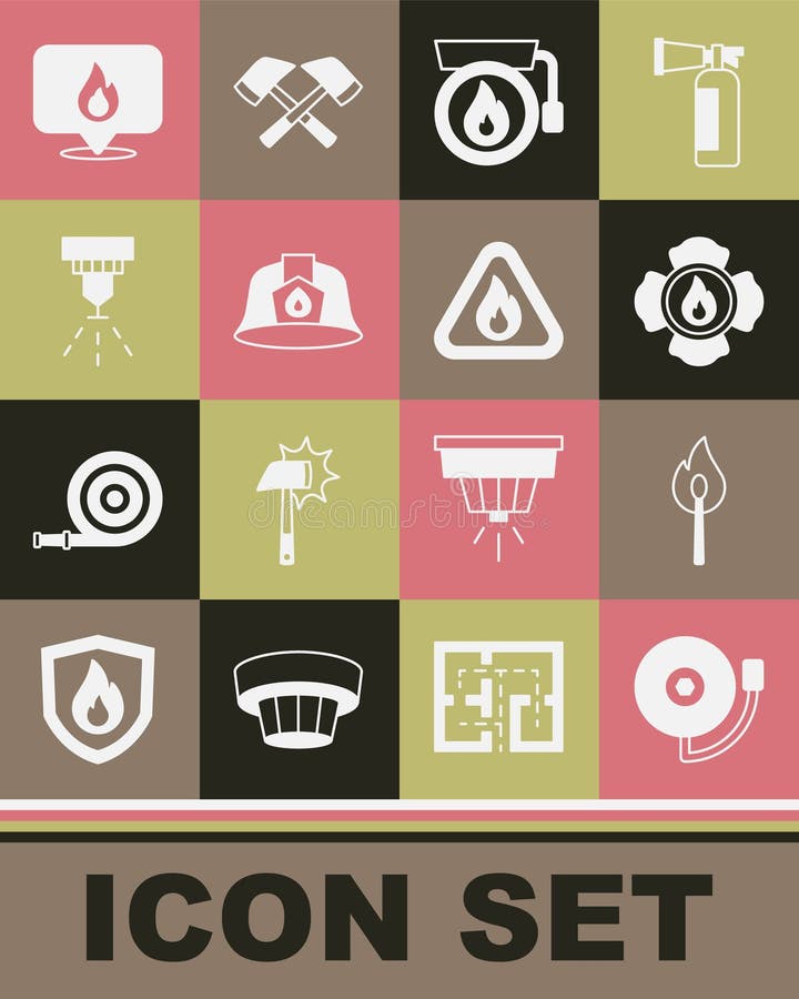 Set Ringing Alarm Bell, Burning Match with Fire, Firefighter, Helmet ...