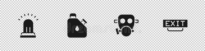 Set Ringing Alarm Bell, Canister Fuel, Gas Mask and Fire Exit Icon ...